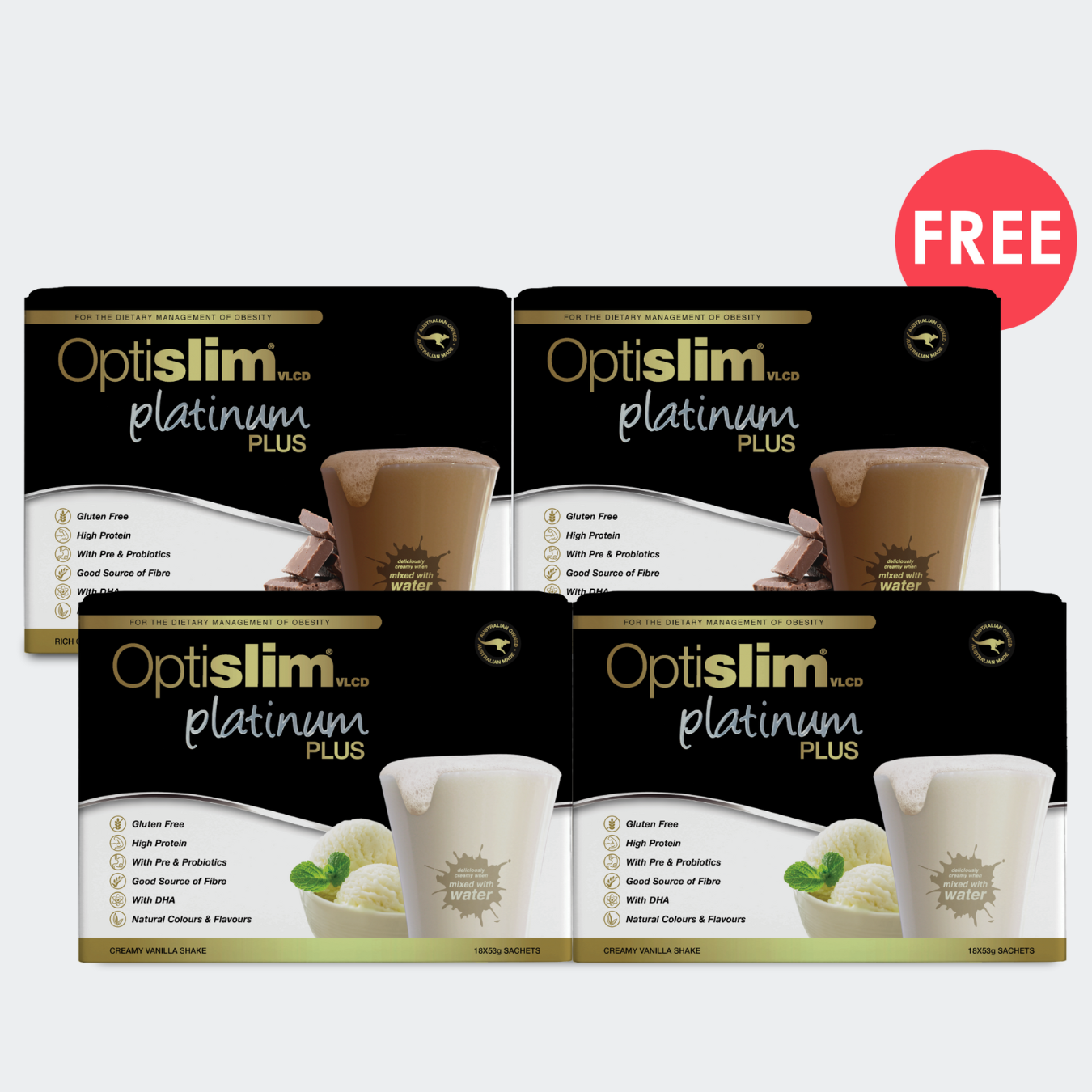 Buy 3 GET 1 FREE Plat Plus Shakes - 72 x 53g | Optislim